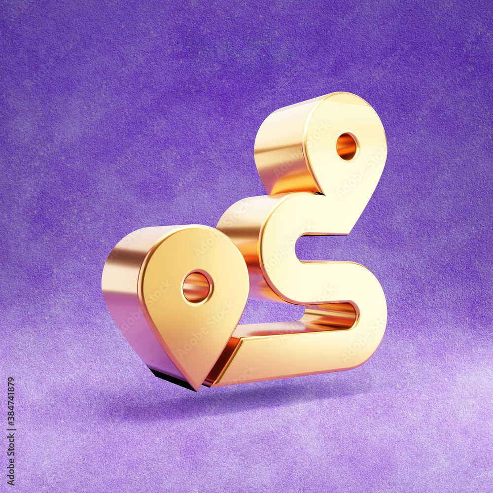 Route icon. Gold glossy Route symbol isolated on violet velvet ...
