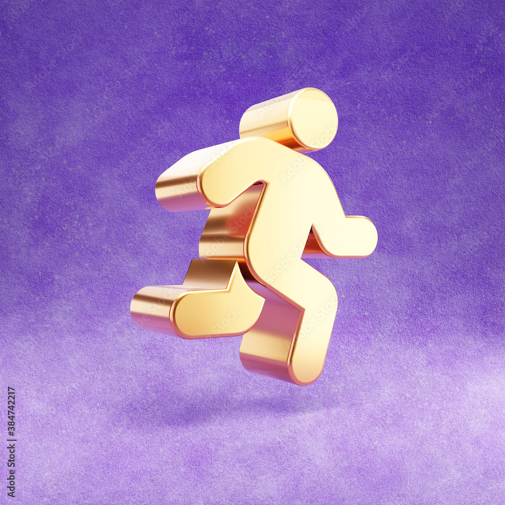 Run icon. Gold glossy Run symbol isolated on violet velvet background ...