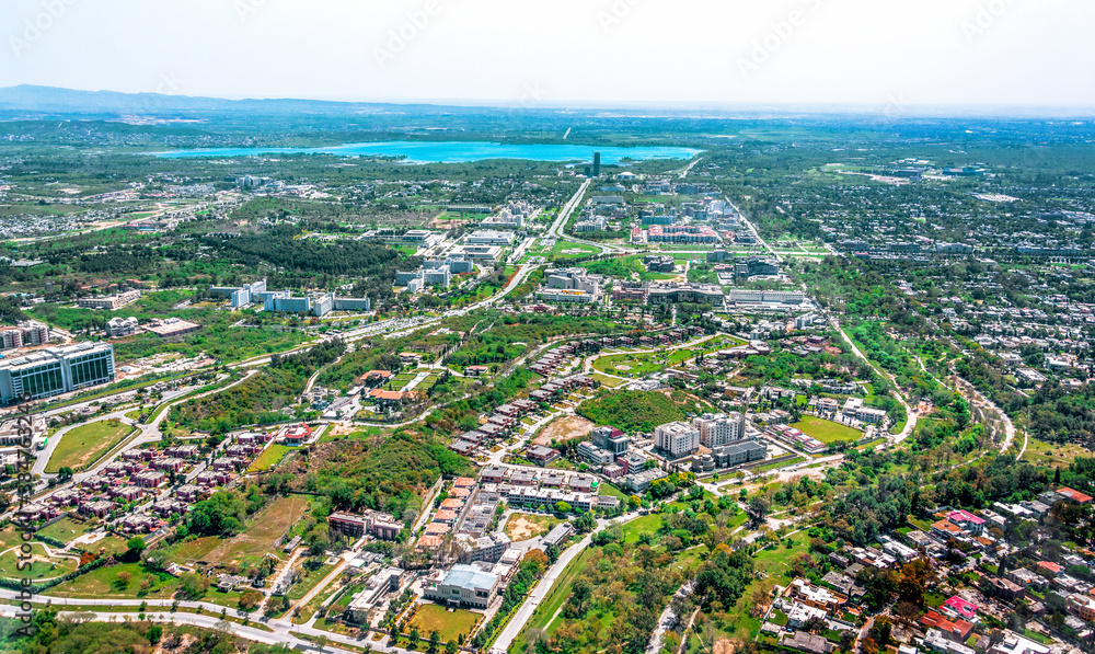 an aerial cityscapes and landscape photography of Islamabad city , a ...