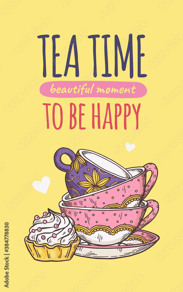Tea time card or poster with cups and cake, sketch vector illustration ...