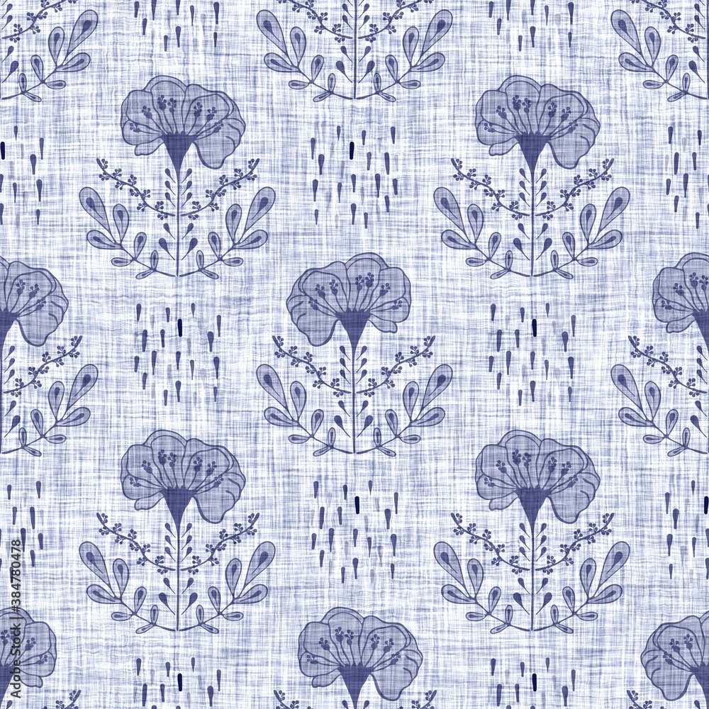 Indigo blue flower block print dyed linen texture background. Seamless ...