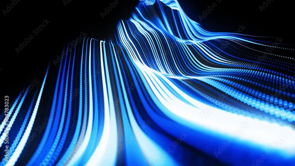 abstract 3d loop background with blue glow particles form curved lines ...