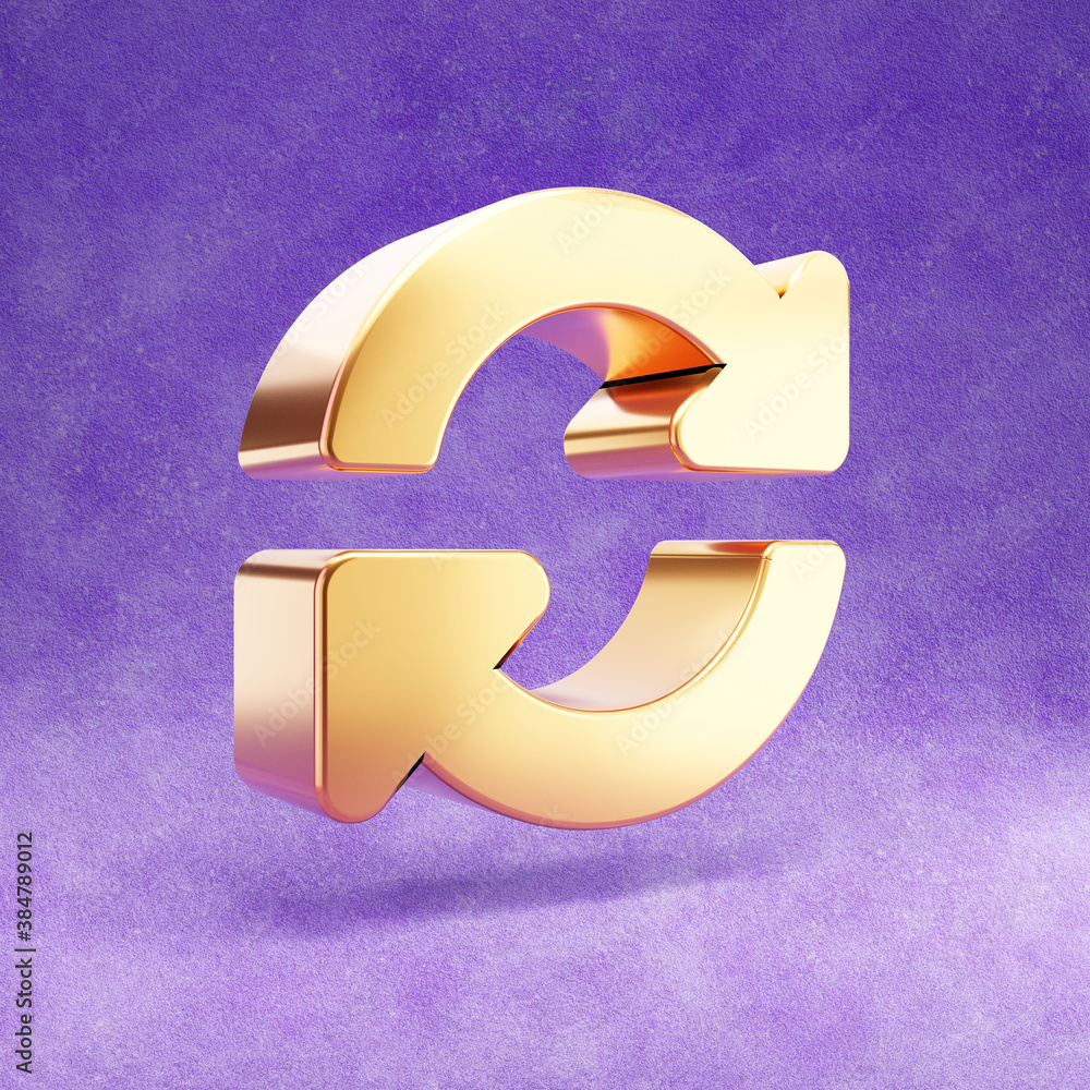 Sync icon. Gold glossy Sync symbol isolated on violet velvet background ...