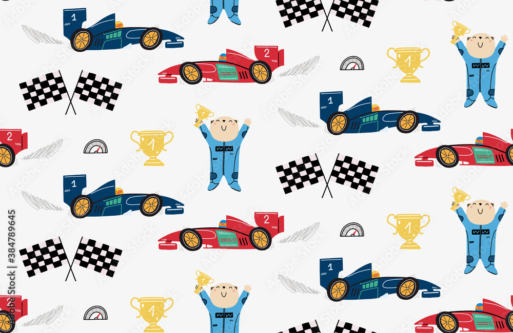 Seamless pattern with a cute bear racer, race cars, winner cup ...