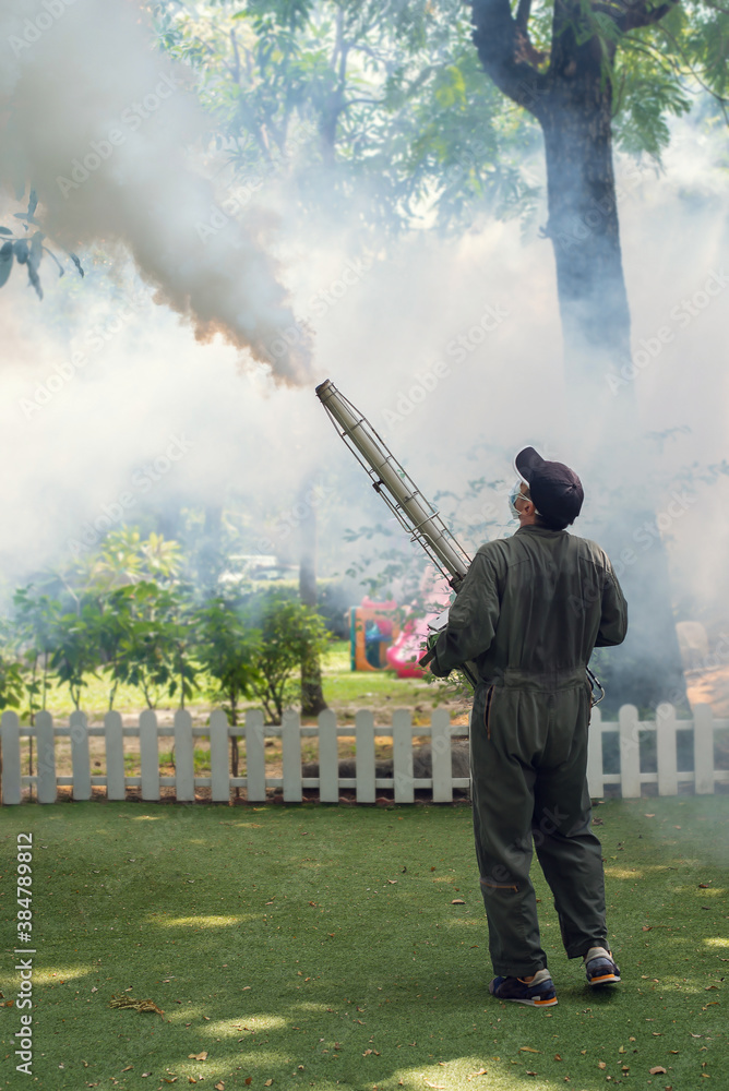 The man fogging to eliminate mosquito to prevent the spread of dengue ...