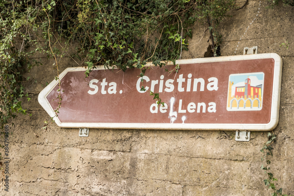 Lena, Spain. Information sign in Santa Cristina de Lena, a Roman ...