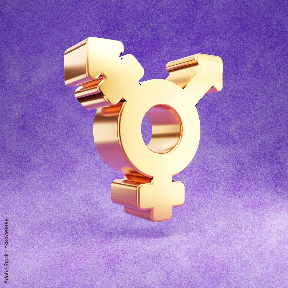 Transgender icon. Gold glossy Transgender symbol isolated on violet ...