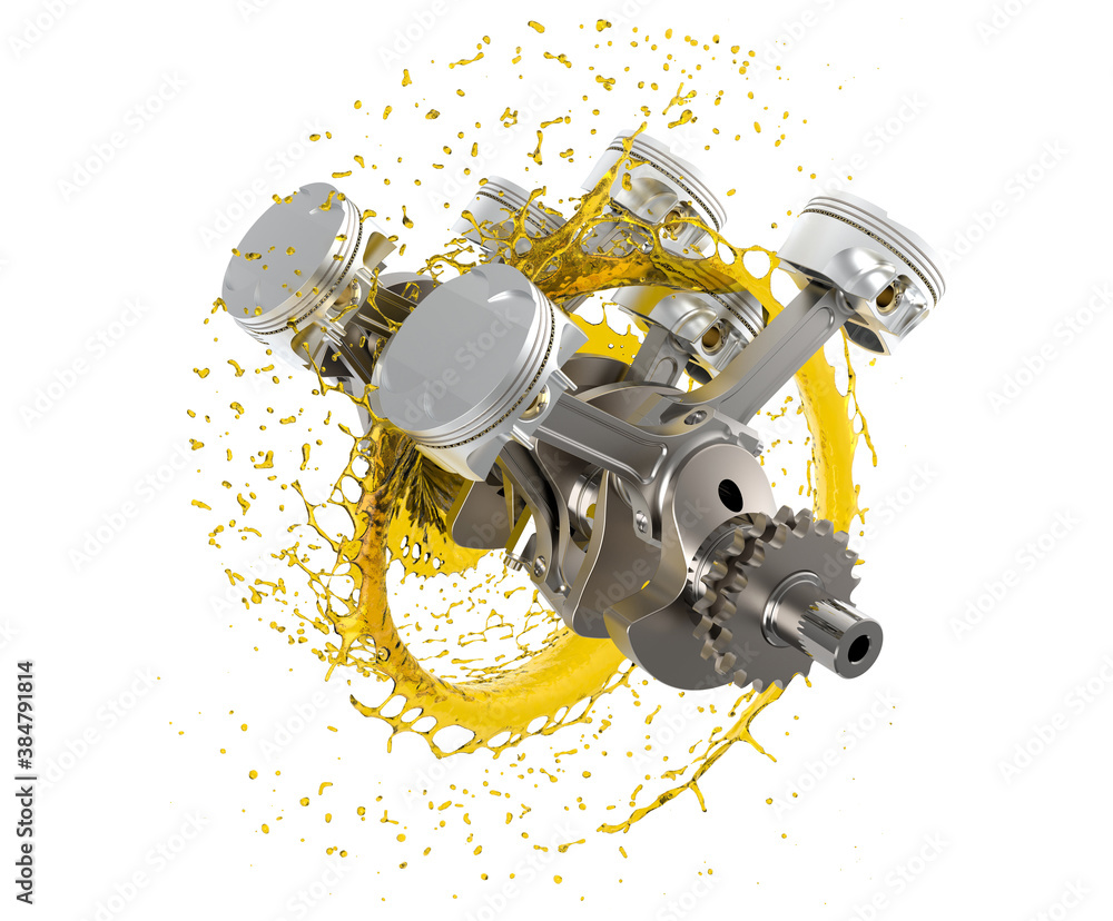 3d illustration of car engine with lubricant oil. Car engine components ...