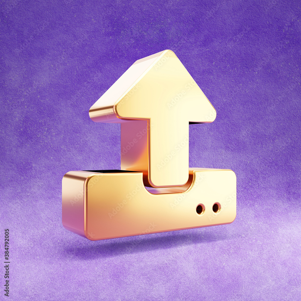 Upload icon. Gold glossy Upload symbol isolated on violet velvet ...