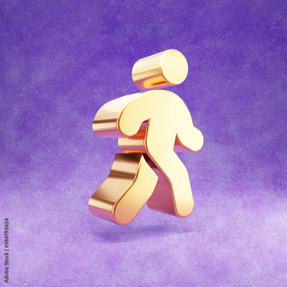 Walking icon. Gold glossy Walking symbol isolated on violet velvet ...