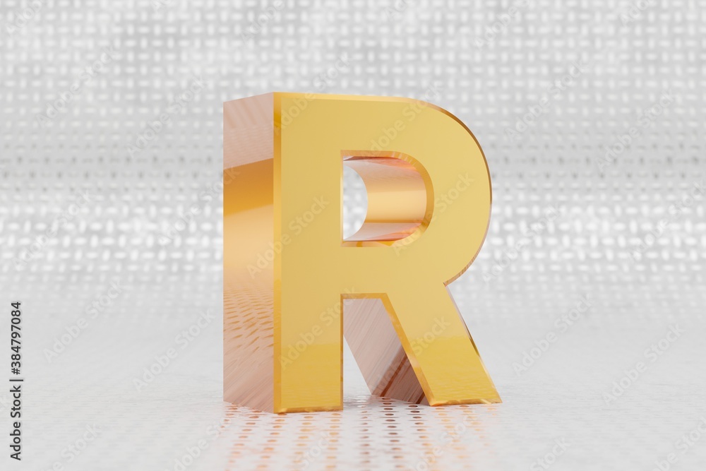 Yellow 3d letter R uppercase. Glossy yellow metallic letter on metal ...