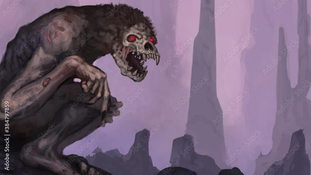 Animated digital painting of a creepy demon creature in an underground ...