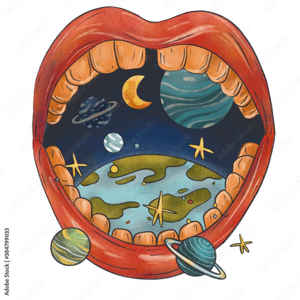 Raster open mouth galaxy inside. Textural modern illustration with ...