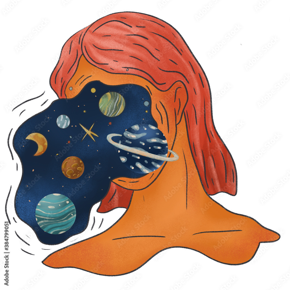 Cute face of a galaxy girl. Textural illustration of a female and space ...