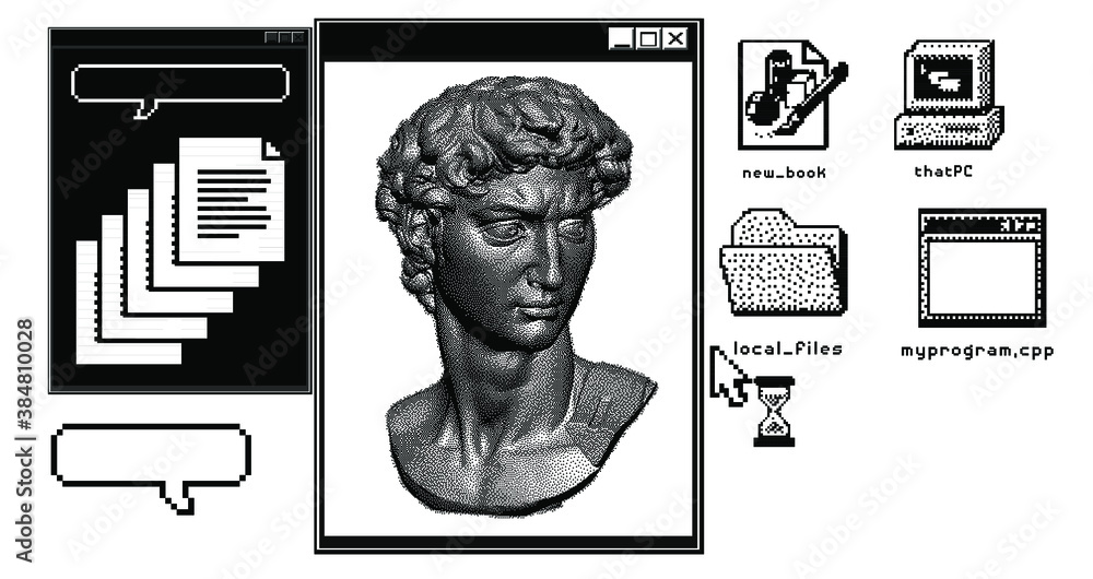 Pixel art ilustration with marble sculpture, David head bust. Vaporwave ...