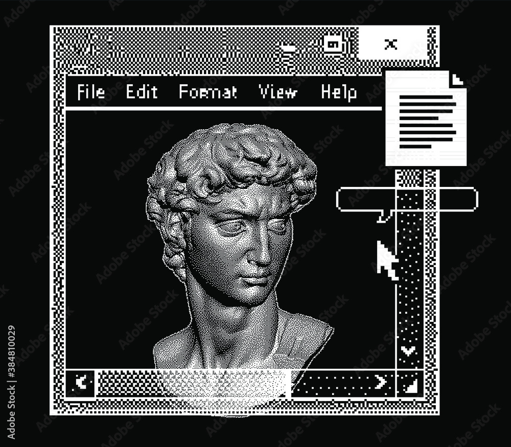 Pixel art ilustration with marble sculpture, David head bust. Vaporwave ...