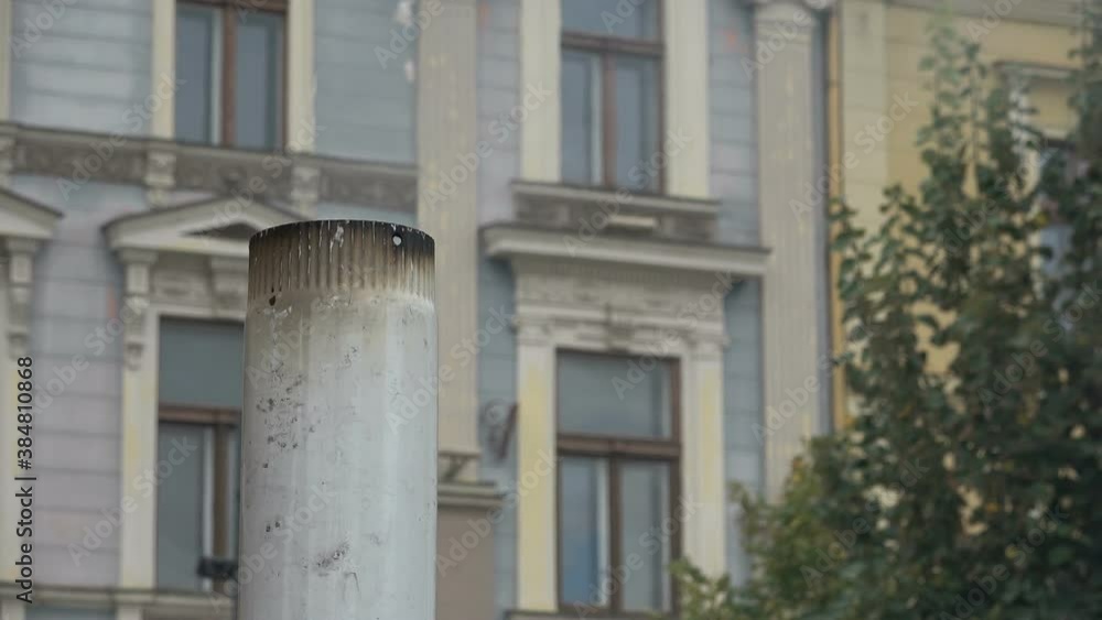 Vertical metal flue pipe is conducting smoke and combustion gases ...