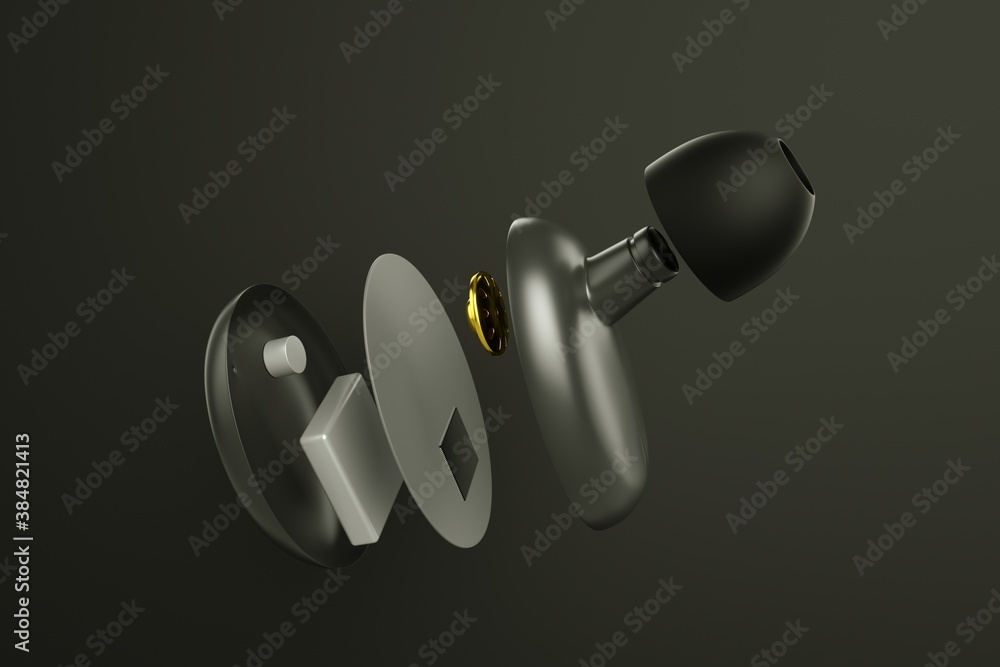 Wireless black headphones disassembled into pieces on a black ...