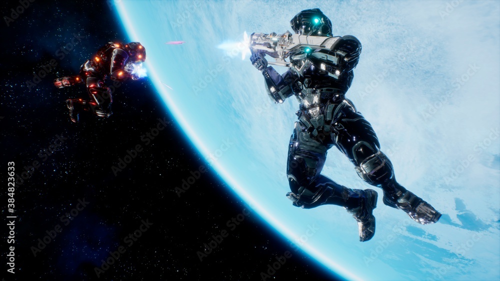 Battle of soldiers of the future in open space near the blue planet ...