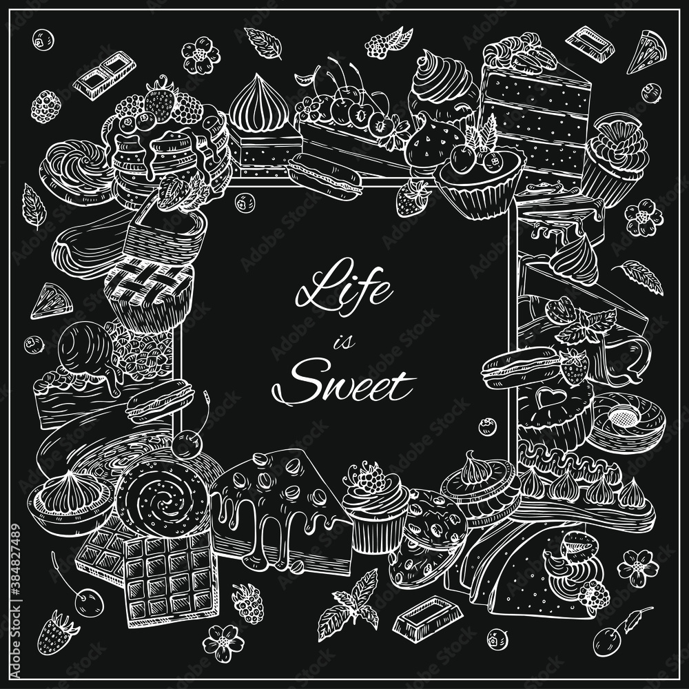 Dessert frame, cake, pastry, muffins, strudel, waffles and more item ...