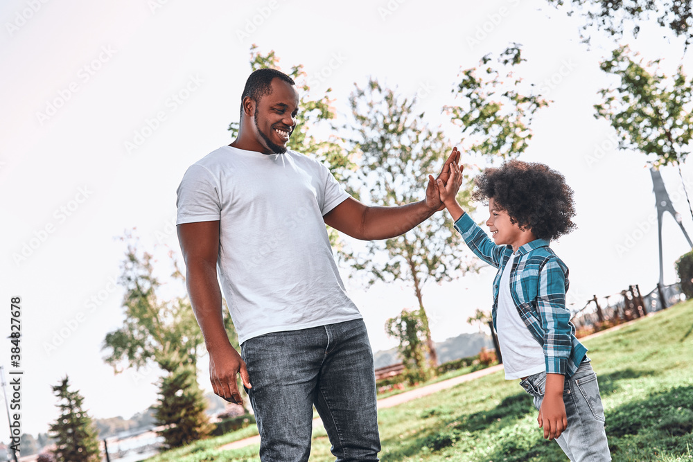 Joyous dad giving his son a high-five outdoors Stock Photo | Adobe Stock