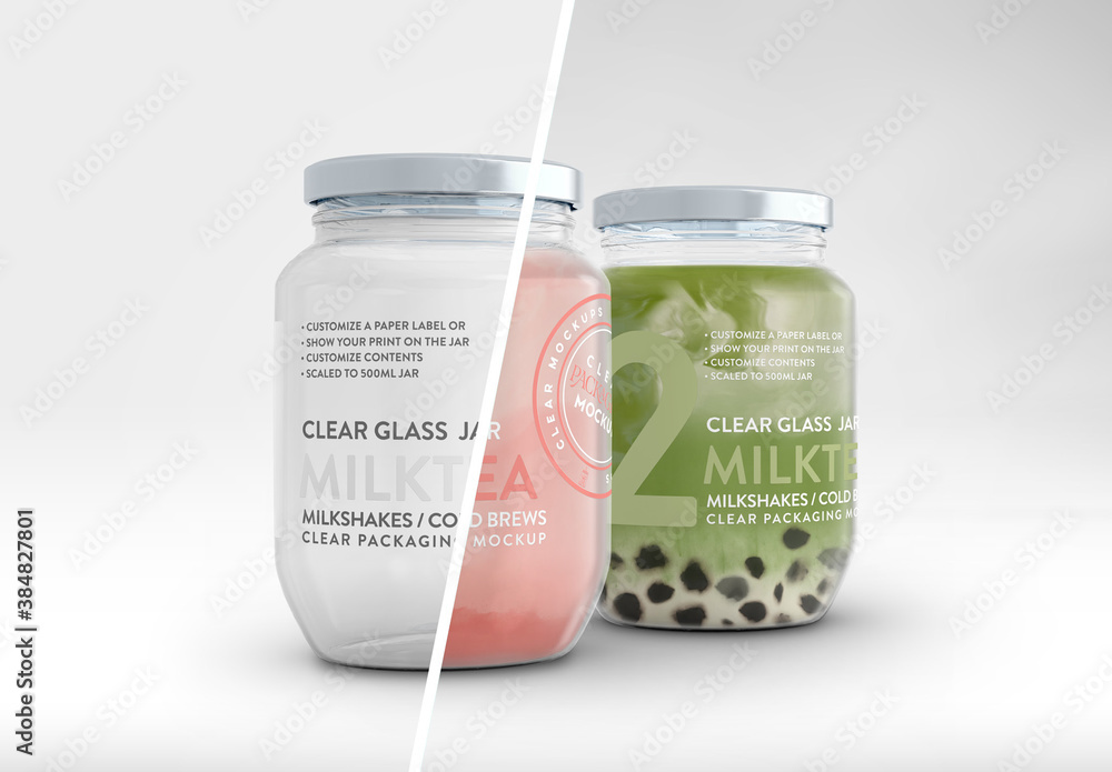A Pair of Clear Glass Jars for Milk Tea or Milkshakes Packaging Mockup ...