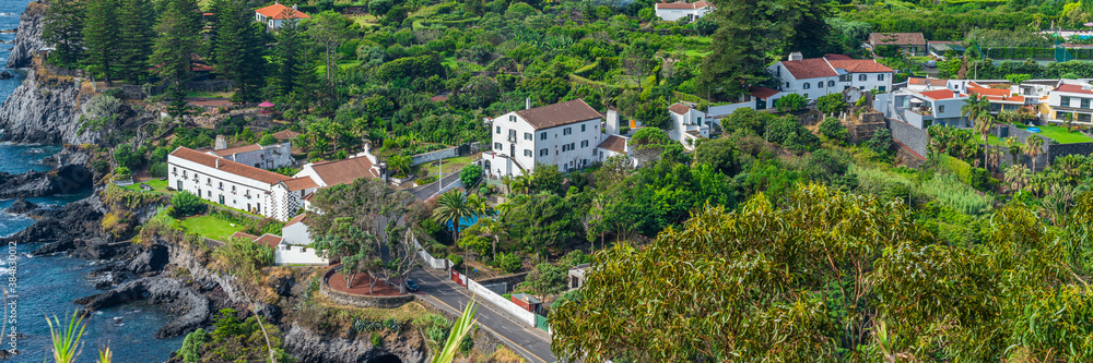 Panorama Viewpoint to Caloura bay with traditional houses, Sao Miguel ...