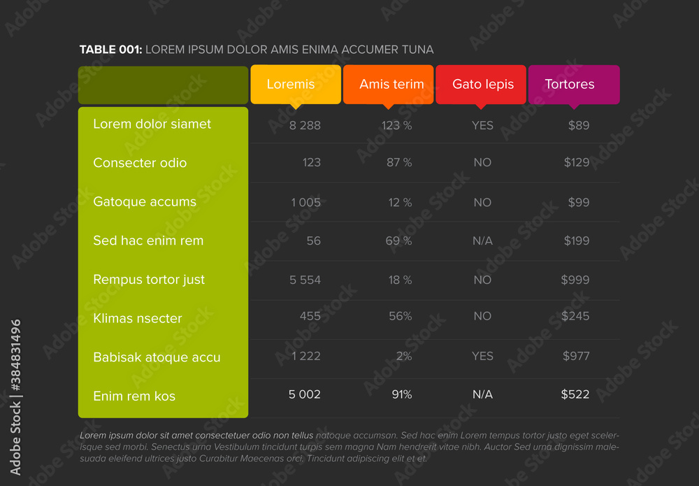 Simple Dark Flat Color Data Table Layout Stock Template | Adobe Stock