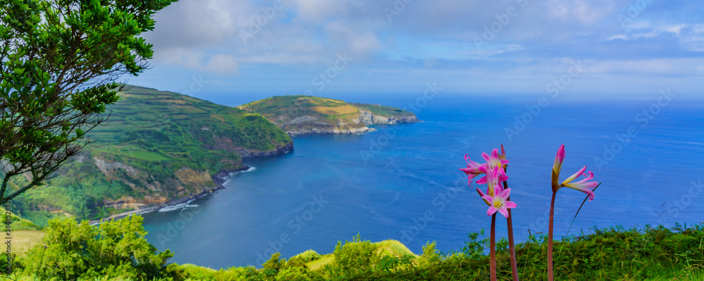 Panorama view to coastline of Sao Miguel island from Santa Iria ...