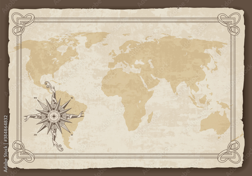 Old world map. Vector paper texture with border frame. Wind rose ...