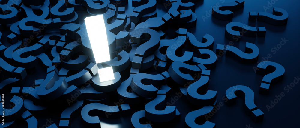 Pile of black question mark symbols with luminous exclamation mark on ...