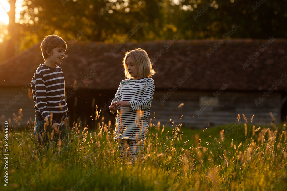 Siblings talk to each other while at play in beautiful light. Stock ...