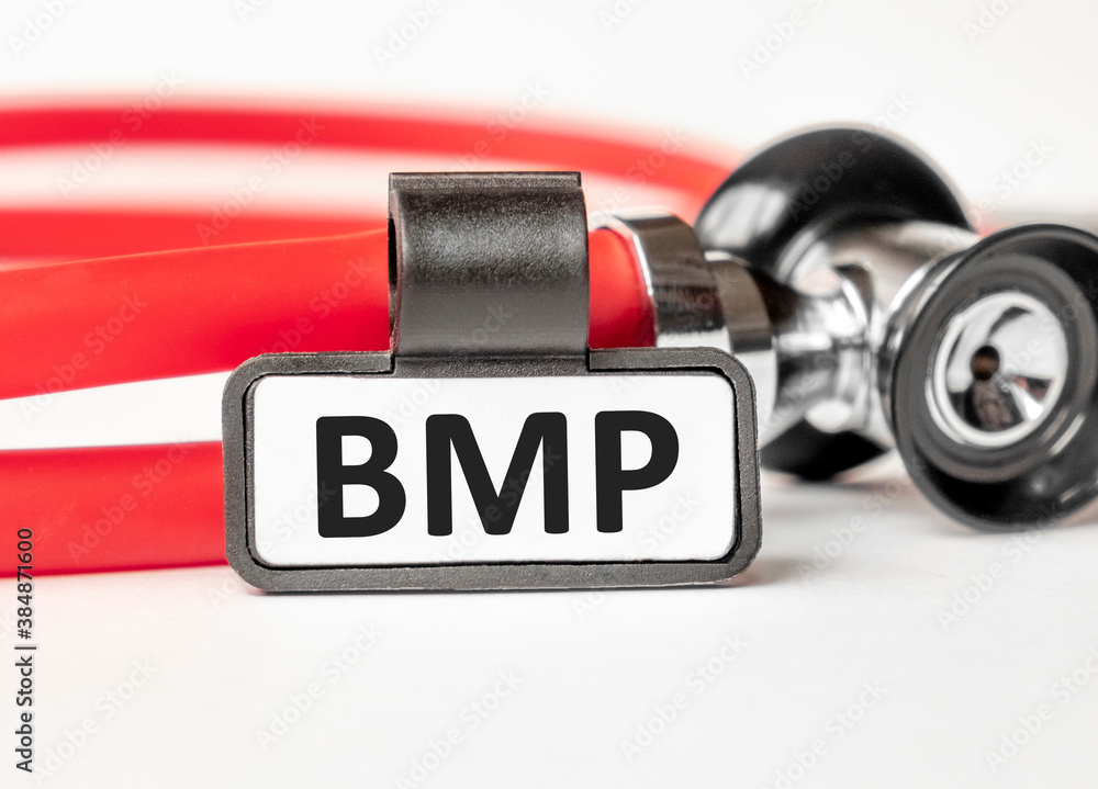 BMP Basic metabolic panel lettering on a business card with a holder ...