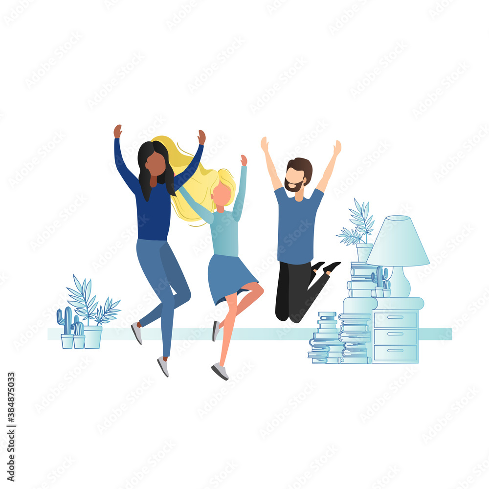 Friends, acquaintances rejoice at success, jump, laugh. Vector happy ...