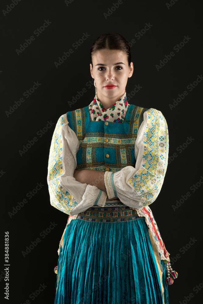 Slovak folklore. Traditional costume. Beautiful girl in traditional ...