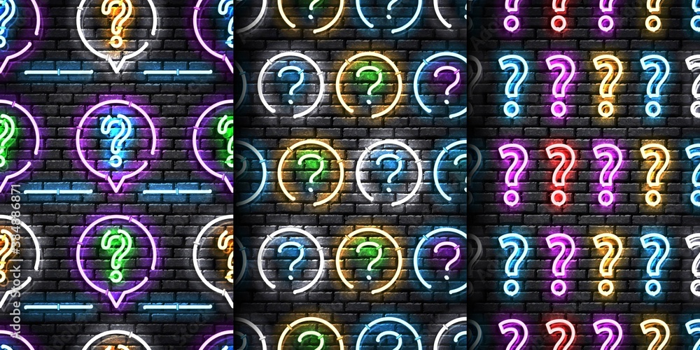 Vector realistic isolated neon sign of seamless pattern with questions ...
