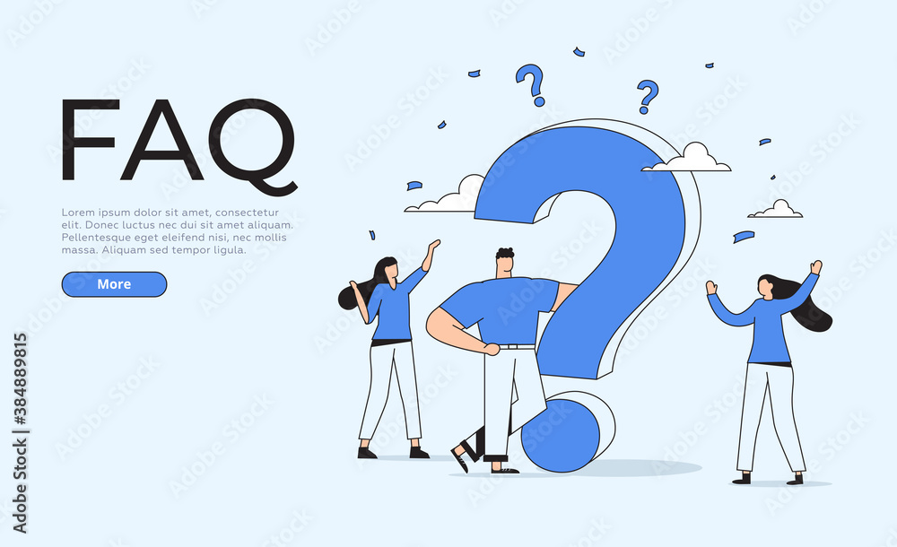 Small characters asking questions around a huge question mark. flat ...