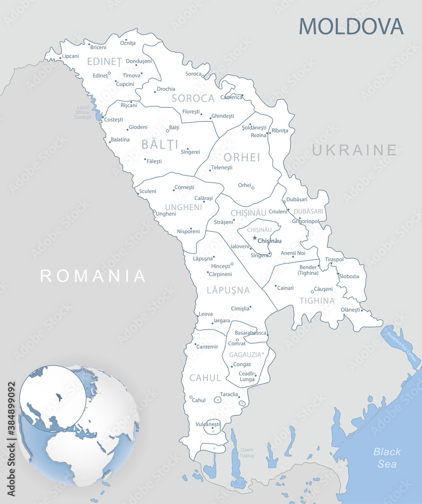 Blue-gray detailed map of Moldova administrative divisions and location ...