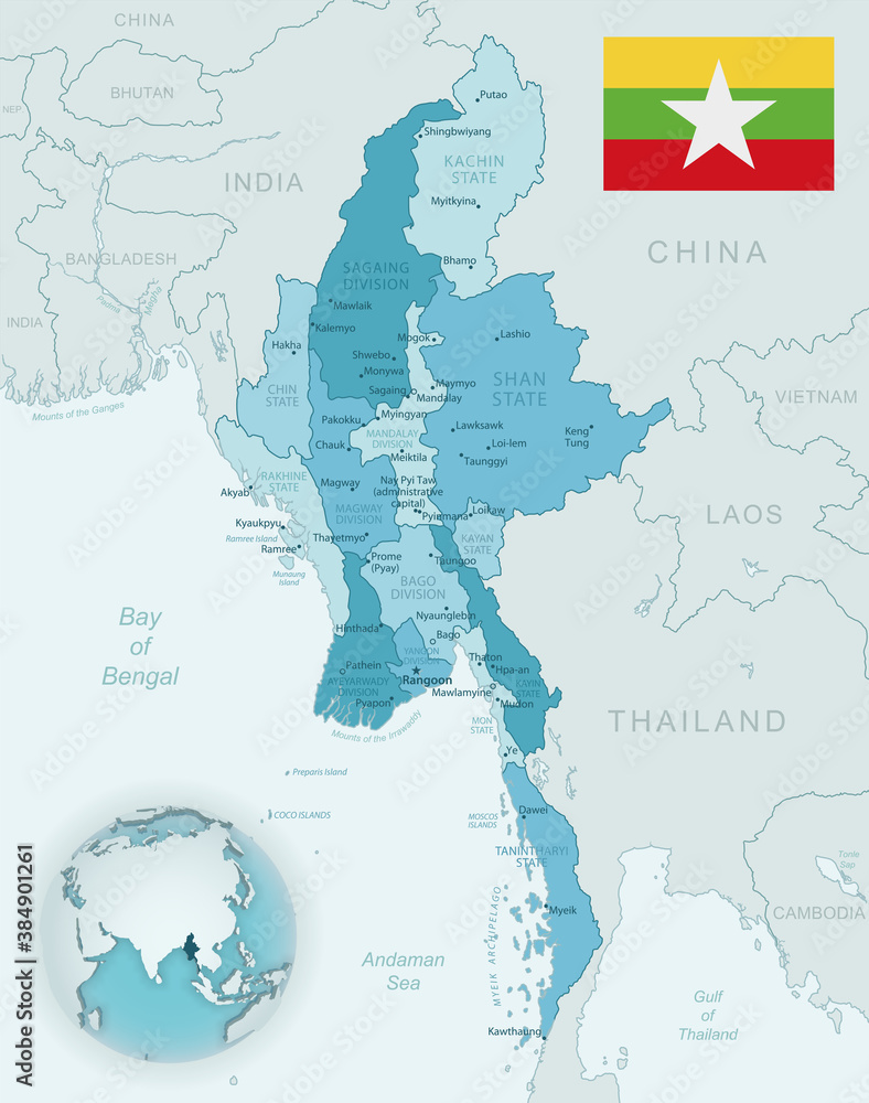 Blue-green detailed map of Myanmar administrative divisions with ...