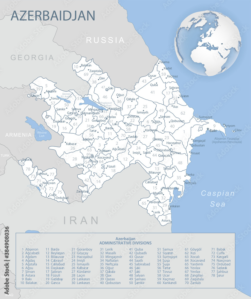 Blue-gray detailed map of Azerbaijan administrative divisions and ...