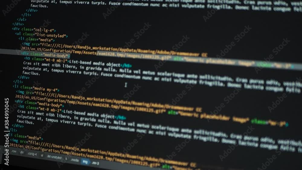 Developer is browsing html code on the computer screen. HTML Web Page Code Scrolling Programming ...