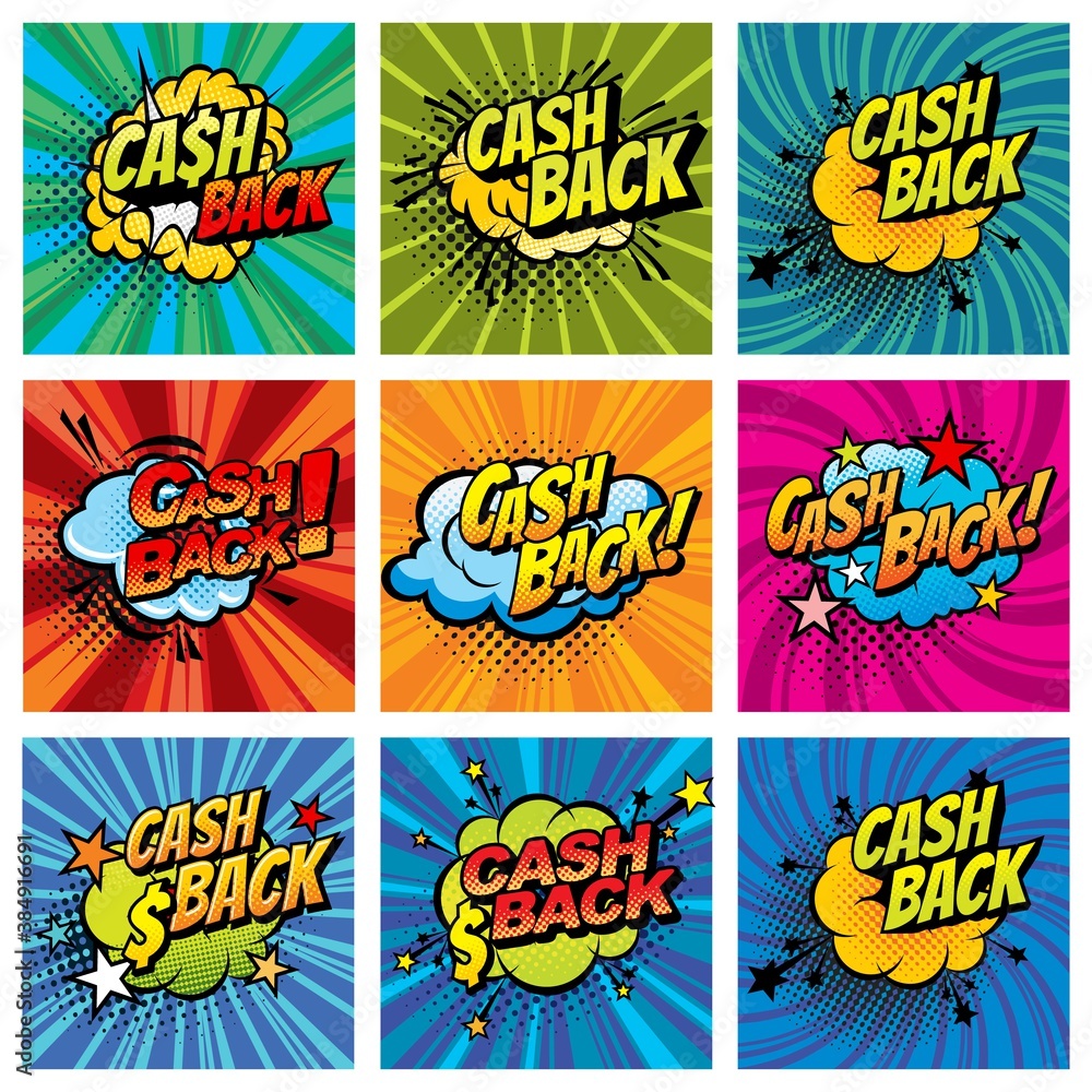 Vetor de Cash back comics bubbles isolated vector icons. Cartoon Boom ...