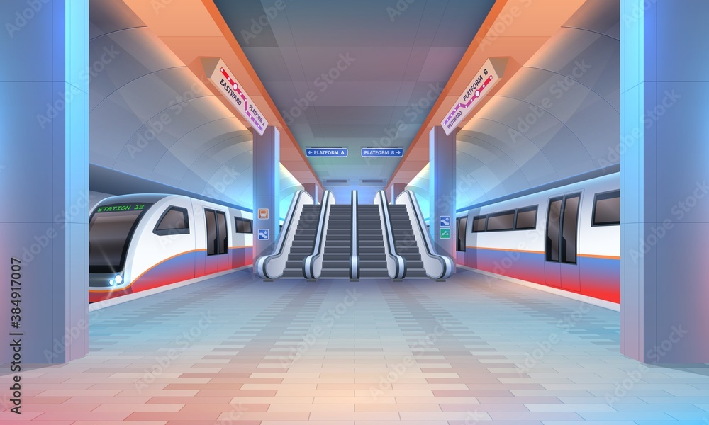 Interior of subway or metro station with vector trains, underground ...