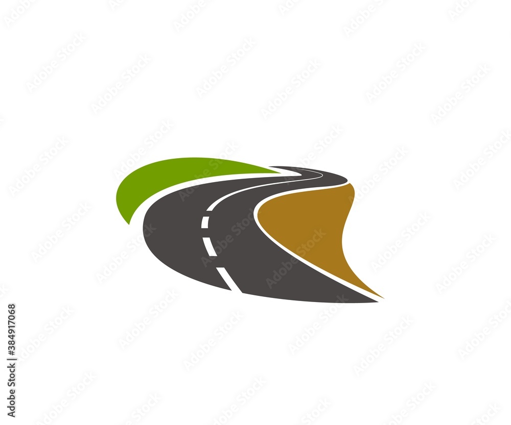 Road, pathway, highway vector icon. Winding paved road running through ...
