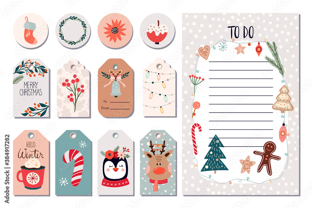 Christmas stickers set, winter tags/hanged labels and To Do list with ...