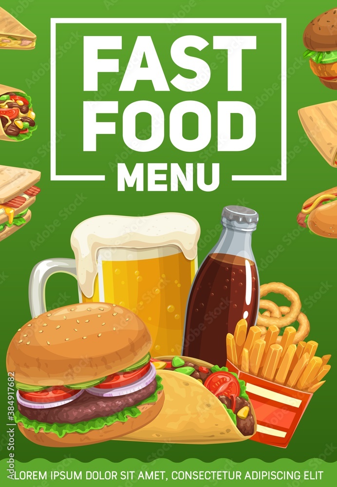 Fast food meals and drinks poster. French fries, onion rings and ...