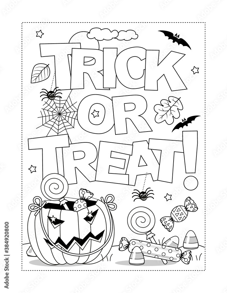 Vetor de Halloween "Trick or treat!" coloring page, poster, sign or ...
