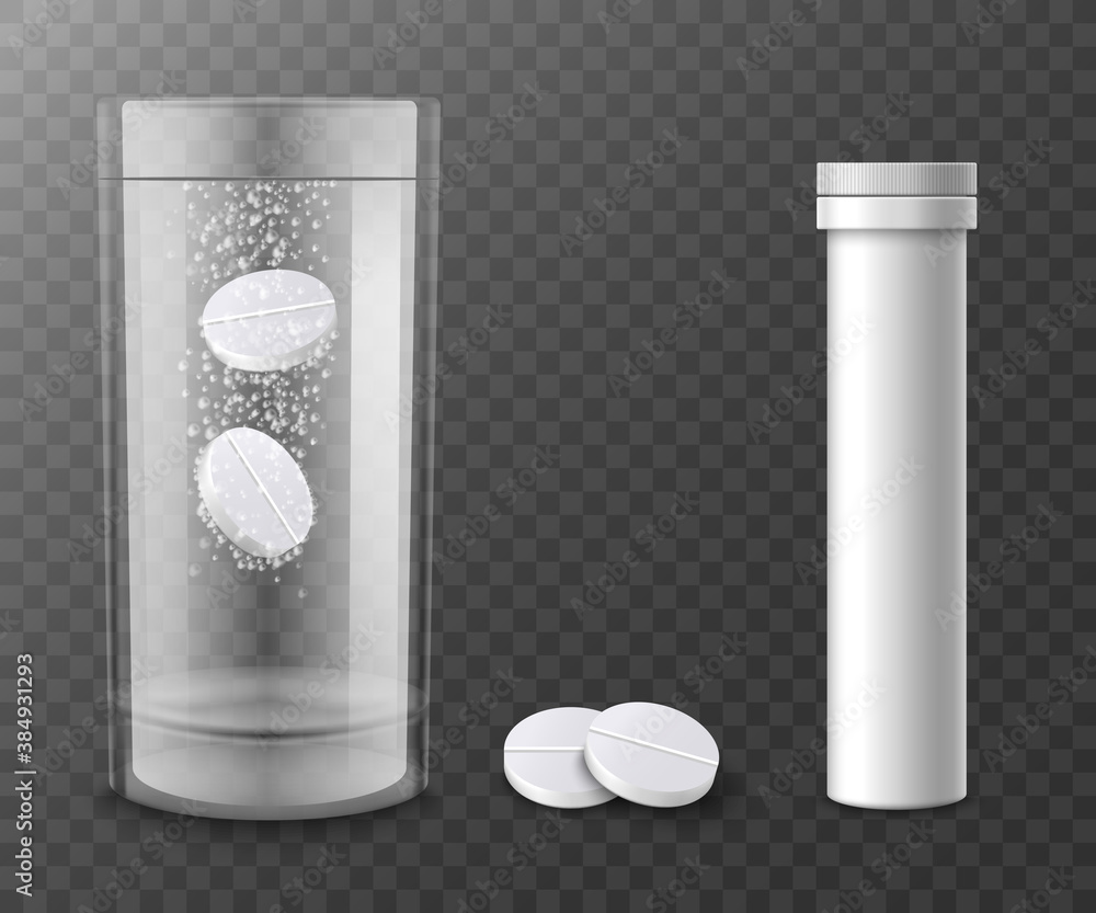 Fizzy tablets in water and container, realistic vector illustration ...