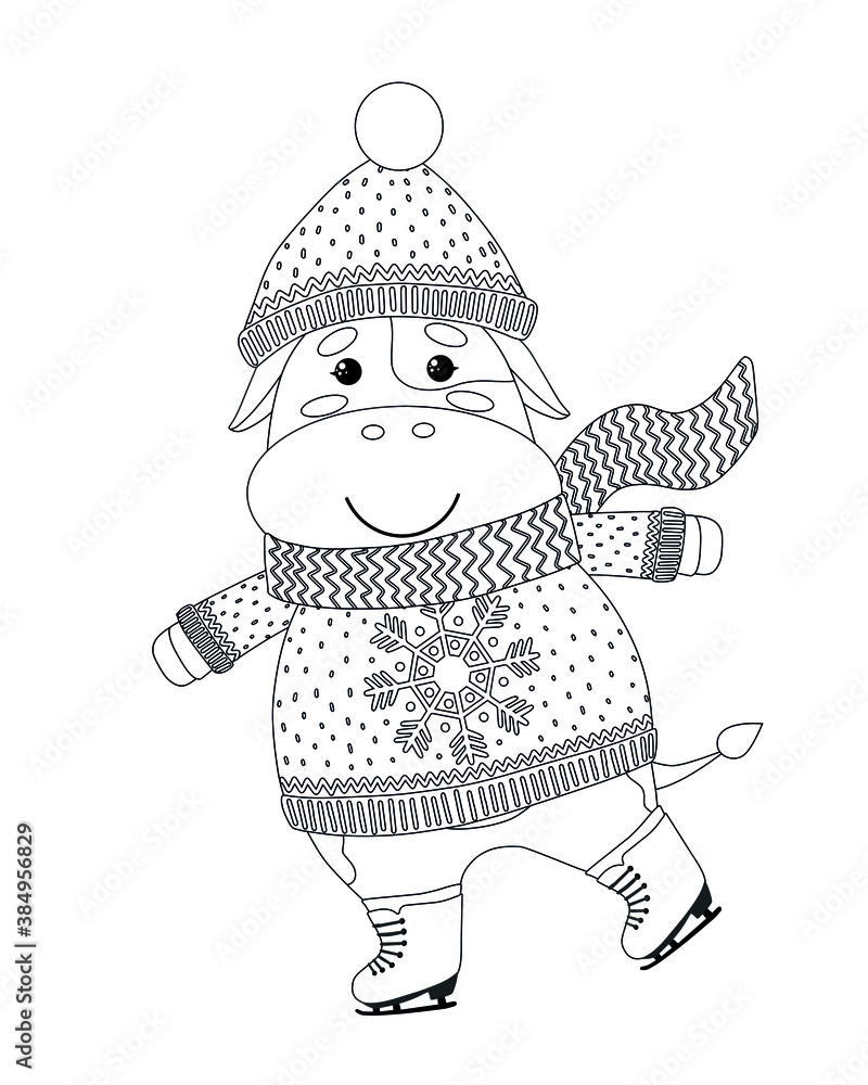 Vector cute linear cow or bull. Symbol of year 2021. Calf in sweater ...