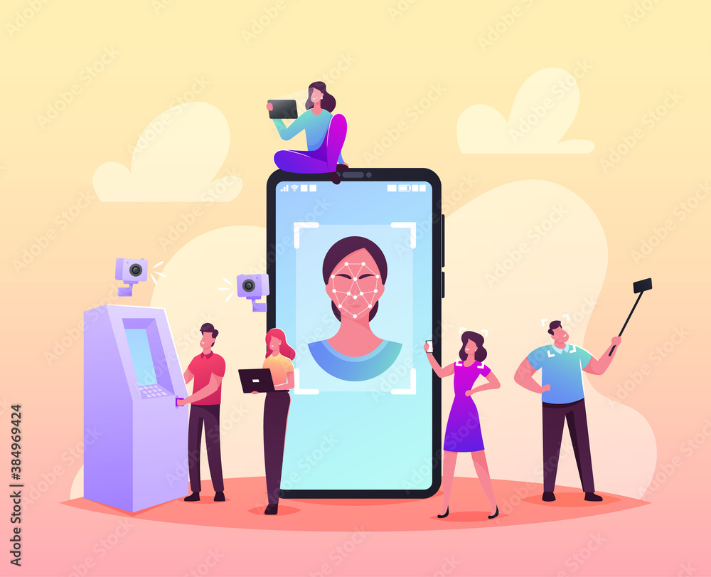 Face Detection, Facial Recognition Technology Concept. Tiny Characters ...